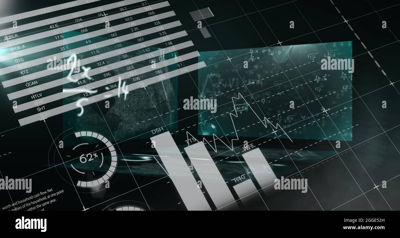 Image of equations moving and statistical information graphs processing ...