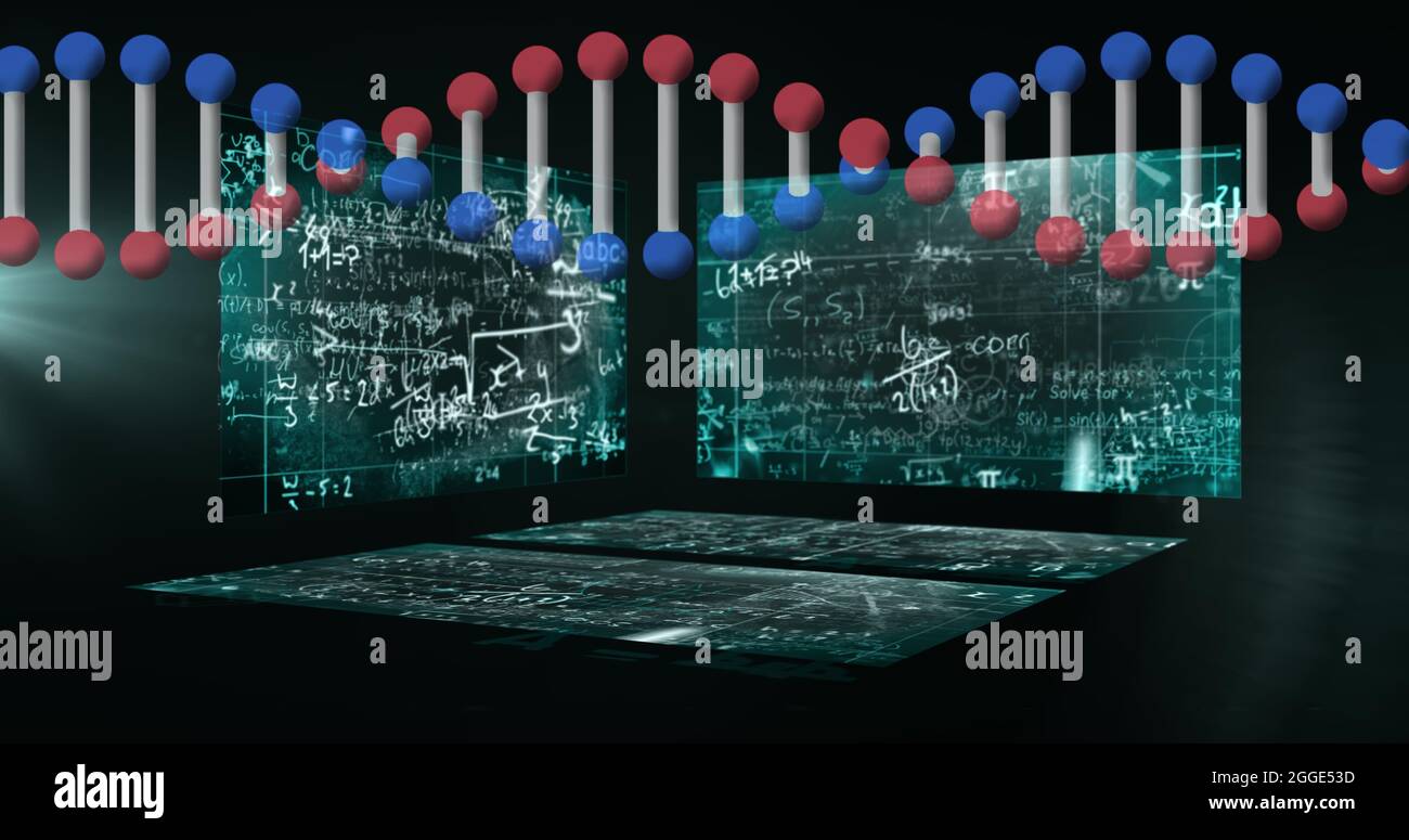 Dna structure spinning against mathematical equations against black ...
