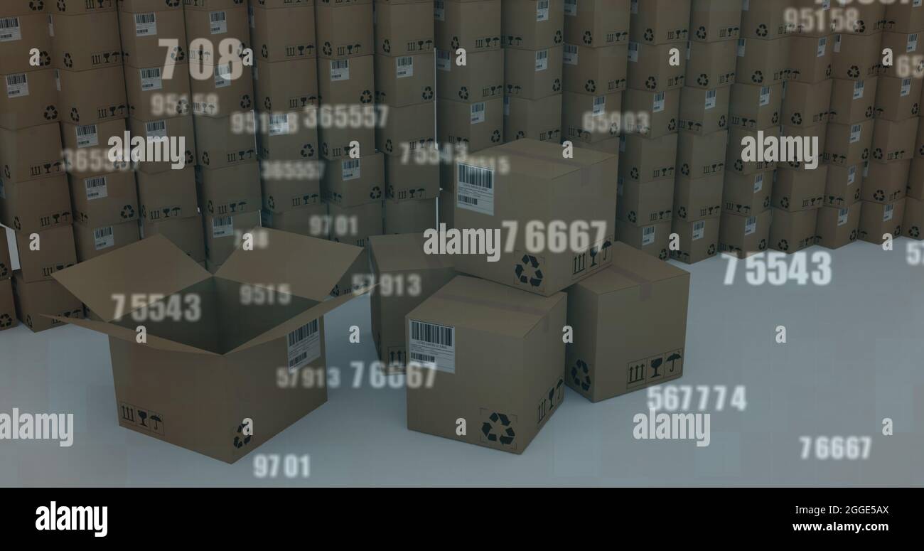 Image of numbers changing over stacks of cardboard boxes Stock Photo ...