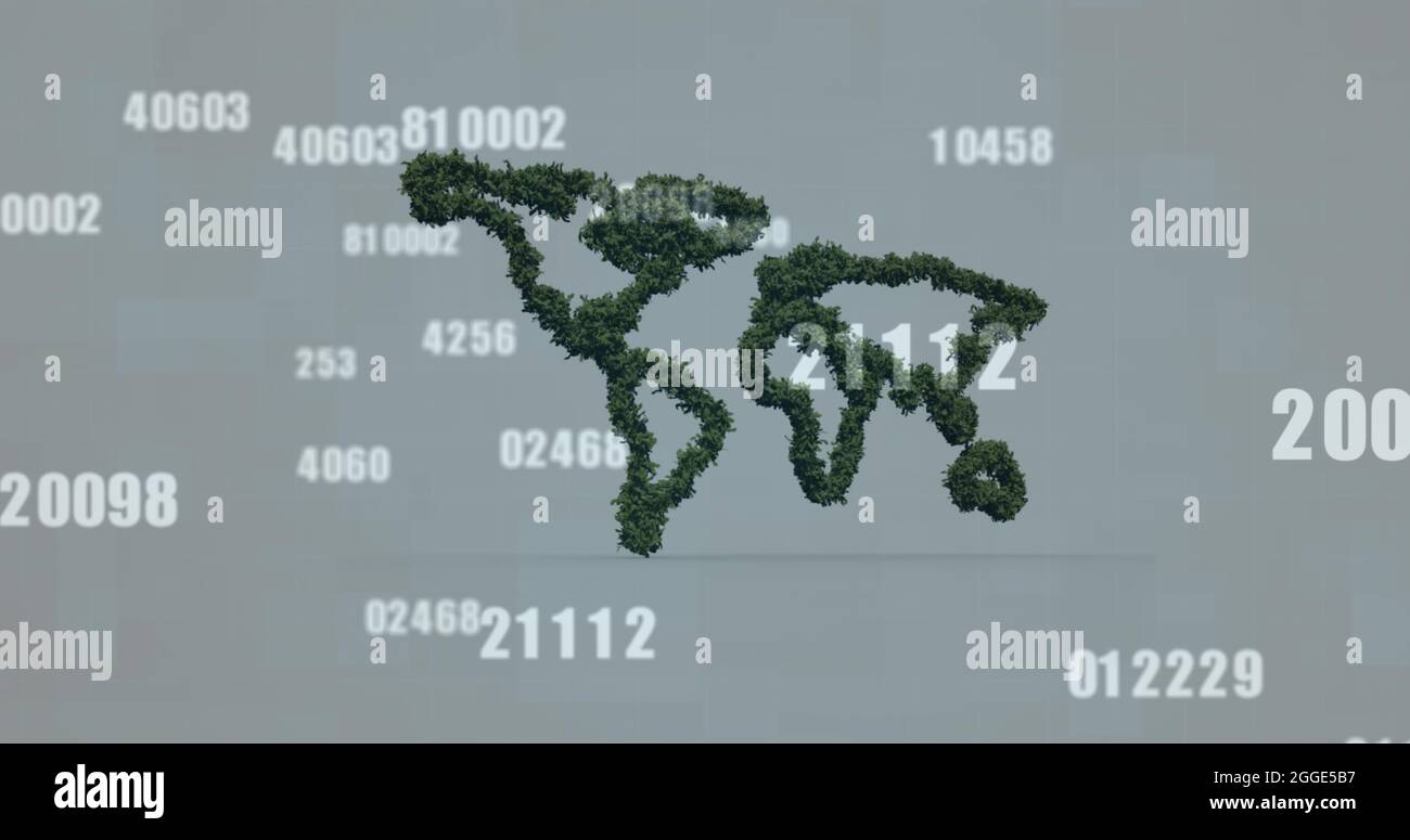 Image of numbers changing over world map contoured with trees on blue ...