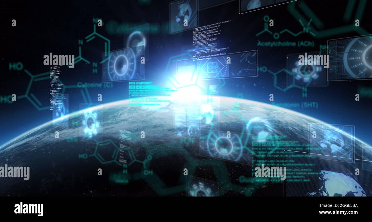 Image of scientific data processing and scopes scanning on screens over globe and sun Stock ...