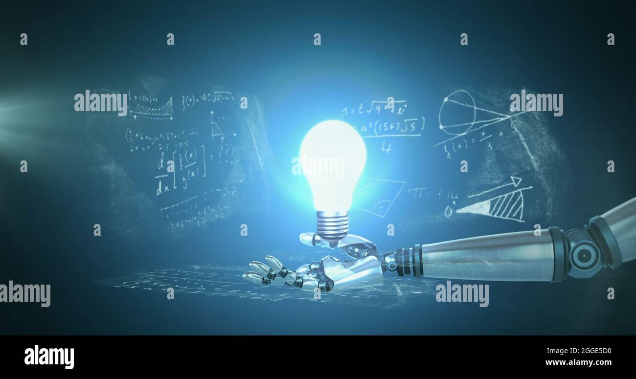 Image of a light bulb in the palm of a robot arm on mathematical ... Image of a light bulb in the palm of a robot arm on mathematical ...