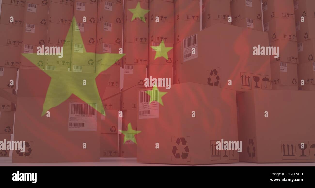 Image of chinese flag waving over stack of cardboard boxes in ...