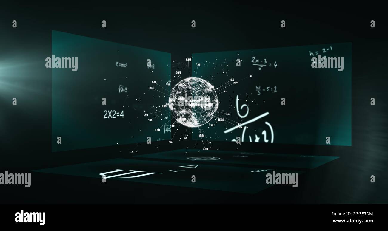 Image of a globe with numbers spinning over three boards mathematical ...