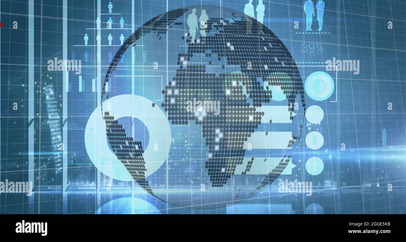 Image of graphs with data and information moving over a globe spinning ...