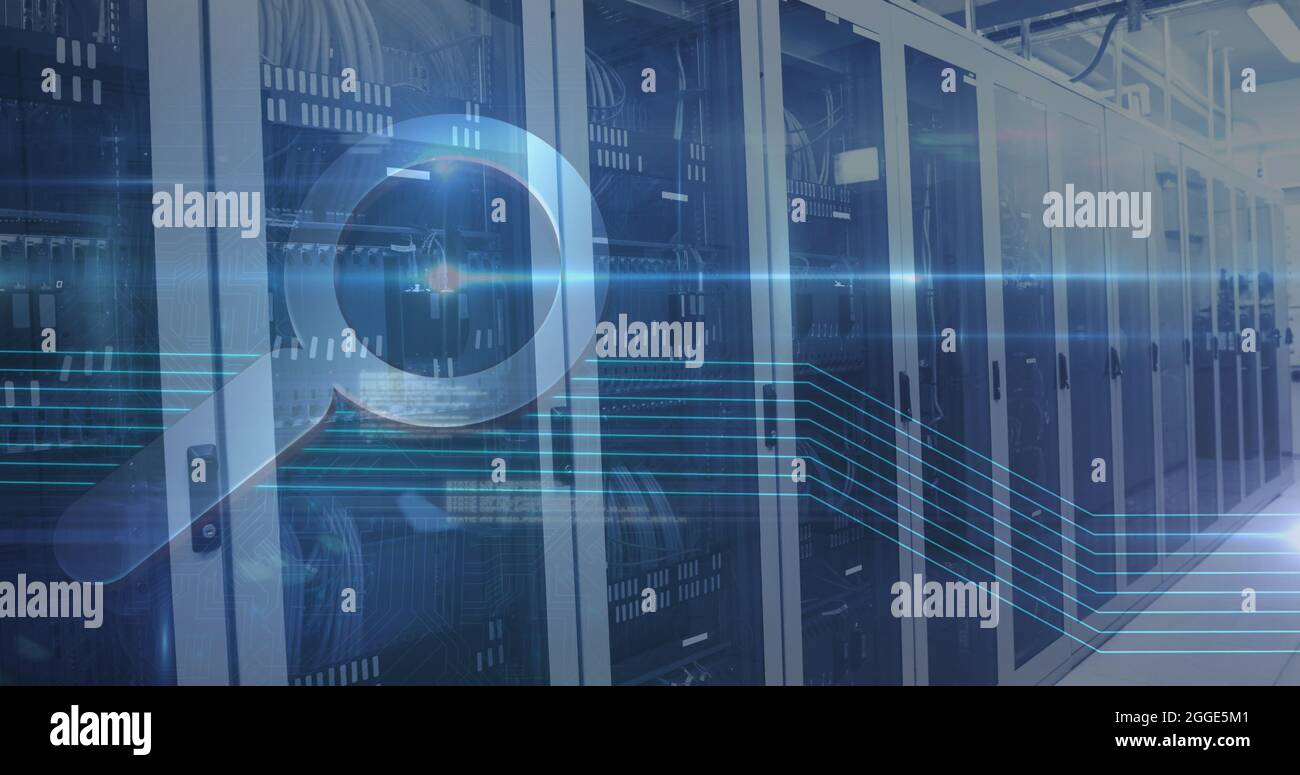 Image of a magnifying glass icons over an empty server room Stock Photo ...