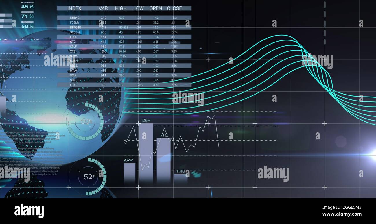 Image of graphs data and information moving on screen over grid and ...