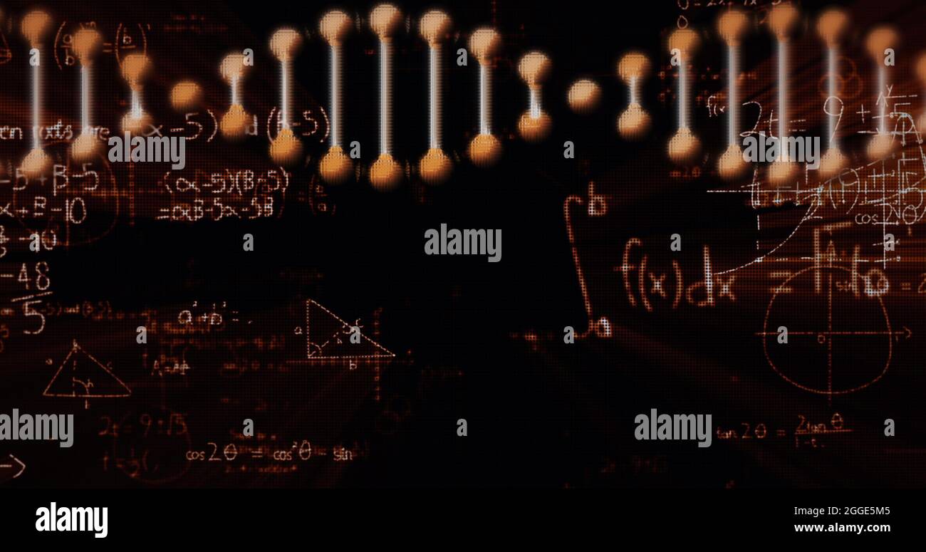 Image of DNA strand spinning with formulae and information on black ...