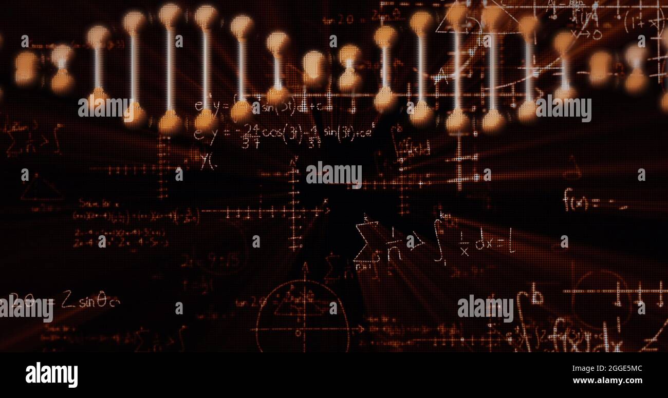 Image of DNA strand spinning with formulae and information on black ...