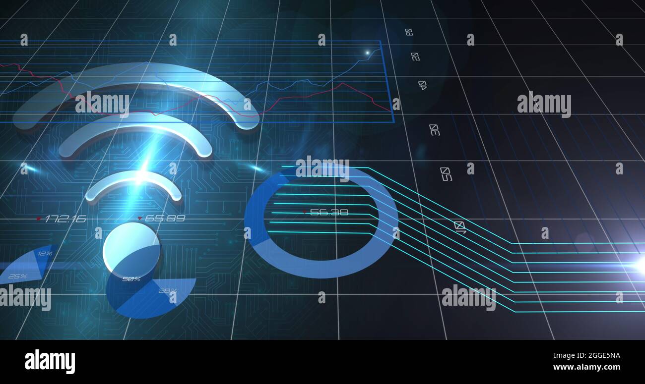 Image of wifi icon with graphs moving on a screen over a grid Stock ...