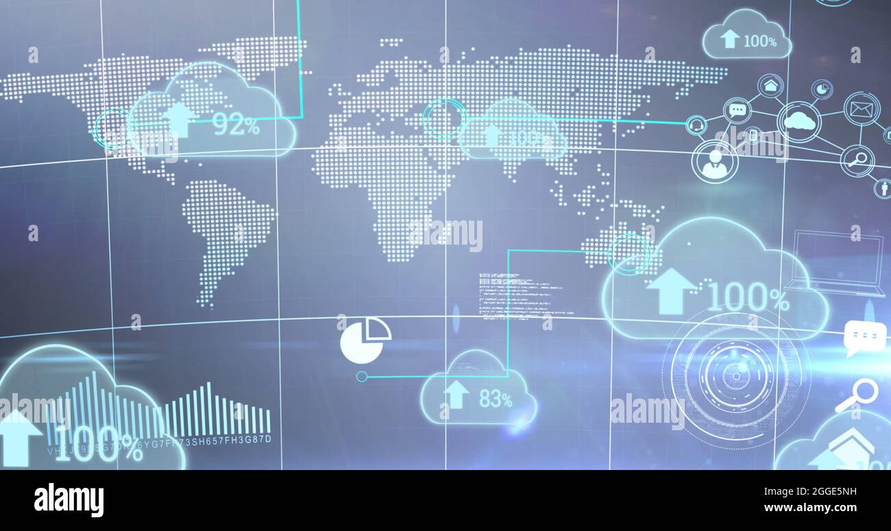 Image of blue clouds with rising numbers and arrows floating oer a ...