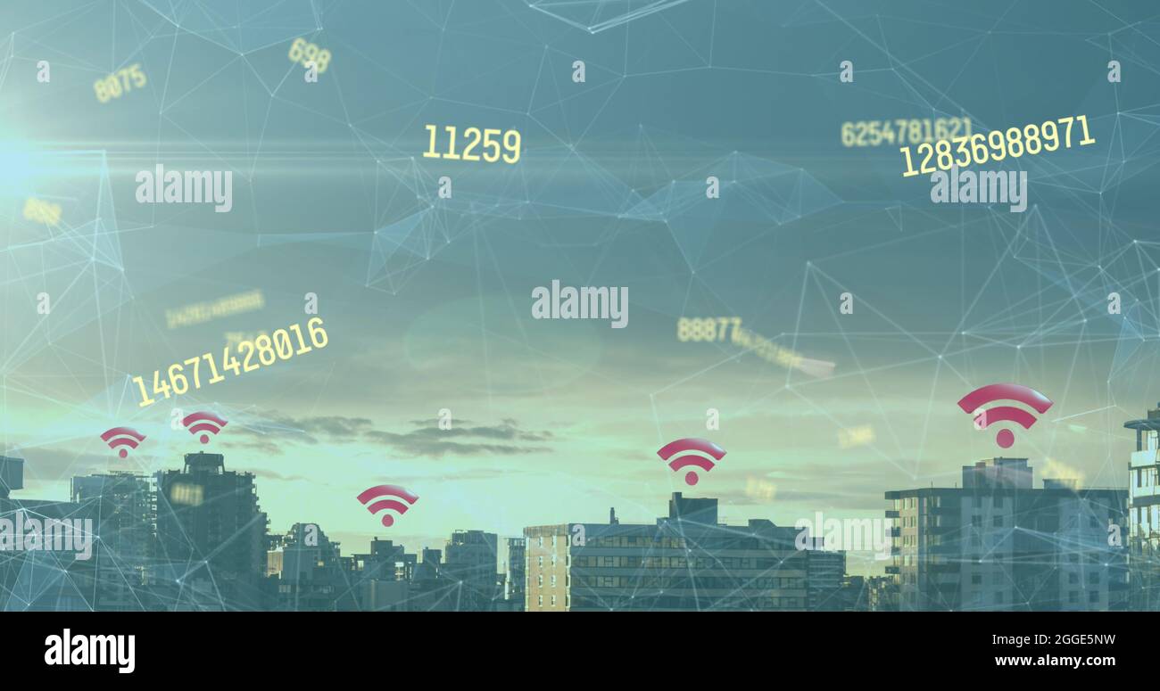 Image of floating numbers with net of connection and net icons over a ...