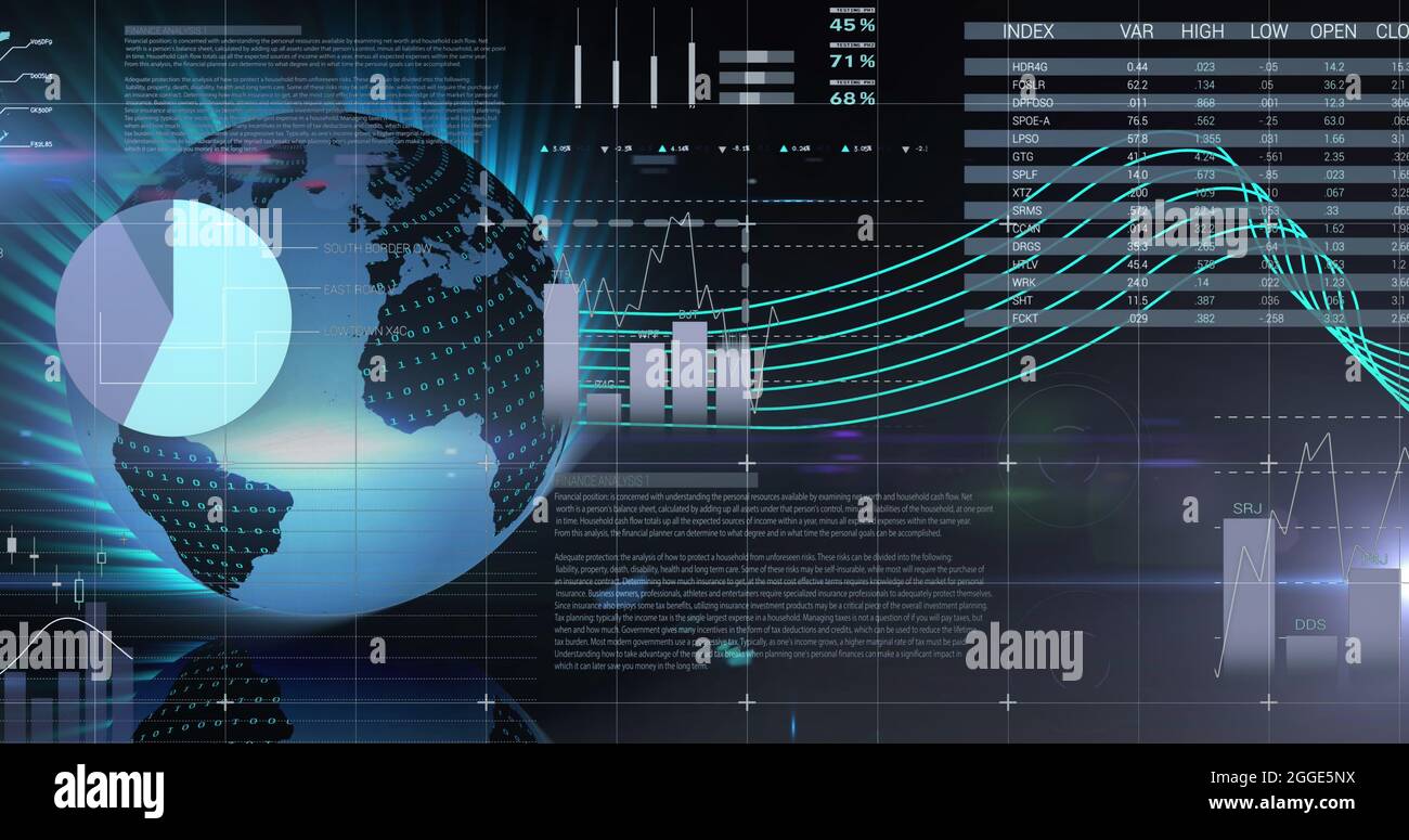 Image of graphs data and information moving on screen over grid and ...