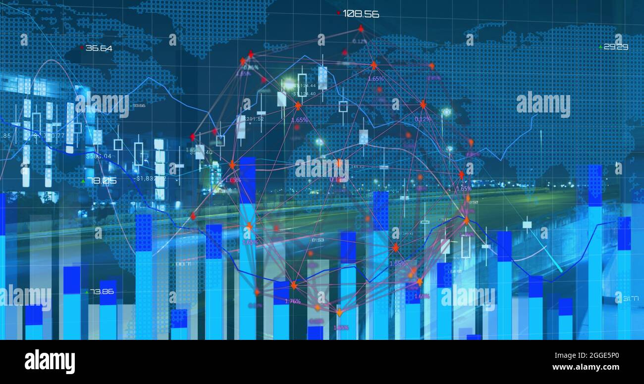Image of moving graphs with a world map and fast forward highway Stock ...