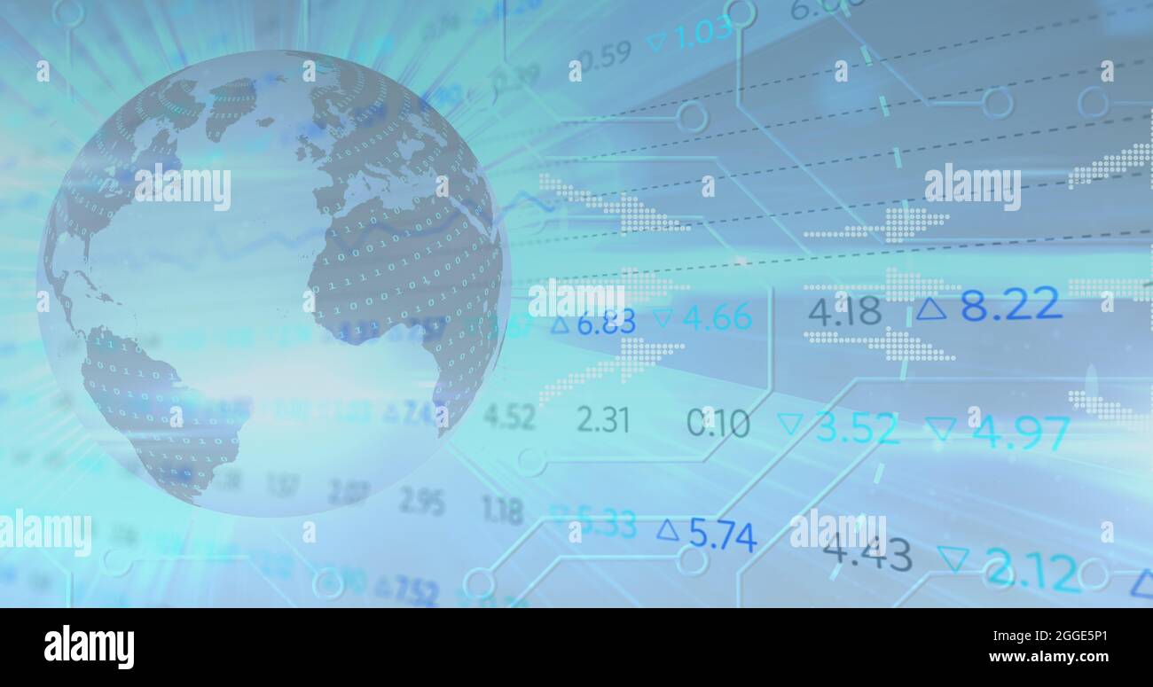 Image of moving data and information with graphs over globe spinning ...