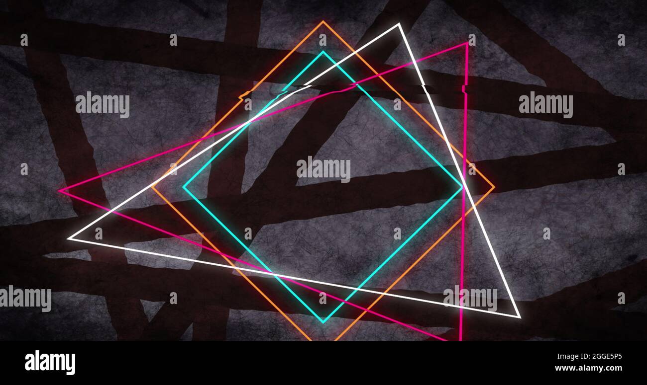 Multiple neon triangle shapes against dark lines on grey background ...