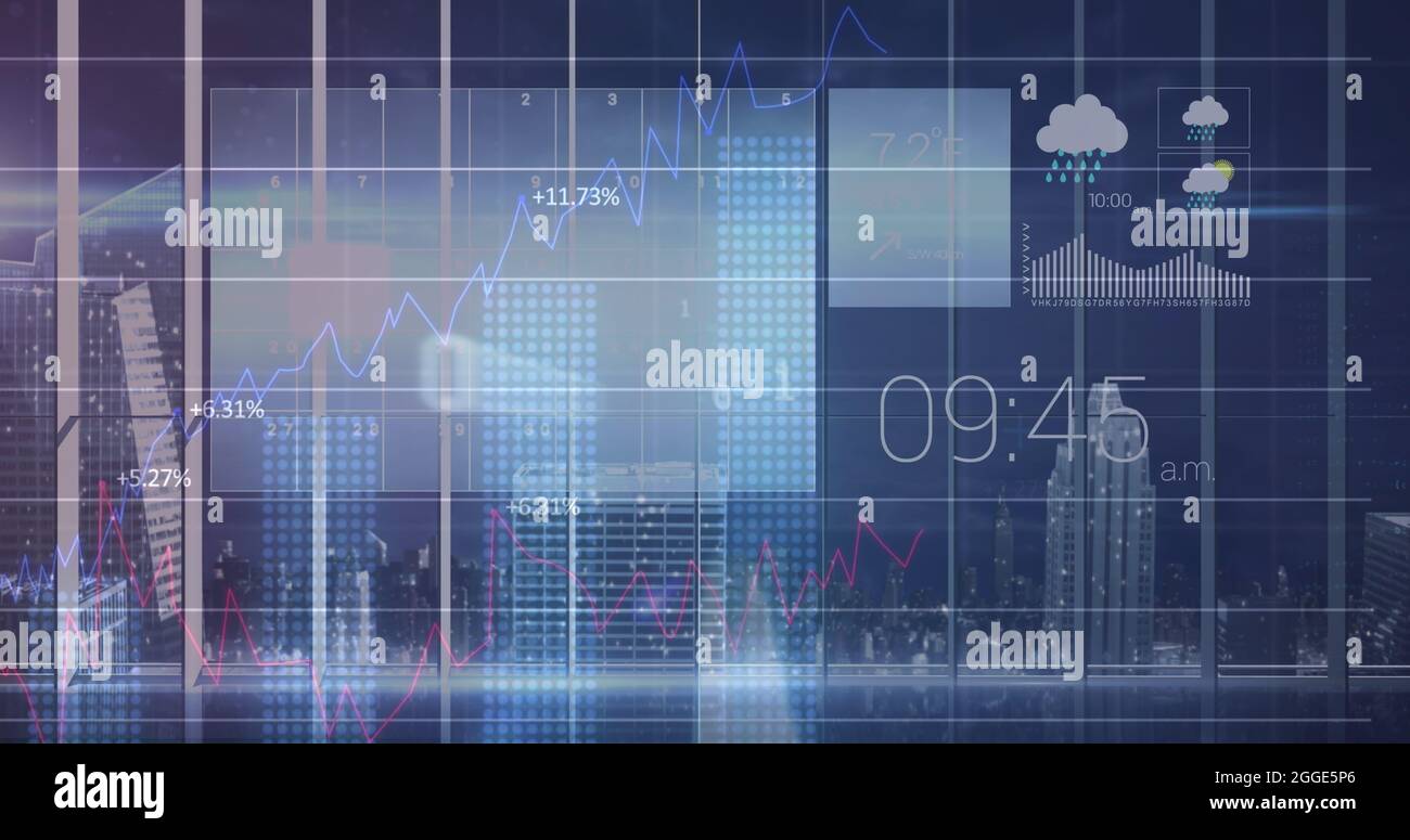 Image of graphs data and information moving on screen over 3d model of ...