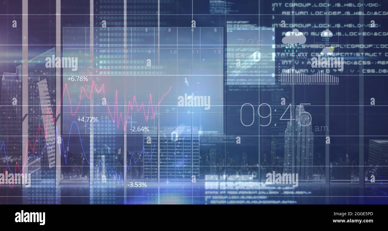 Image of graphs data and information moving on screen over 3d model of ...