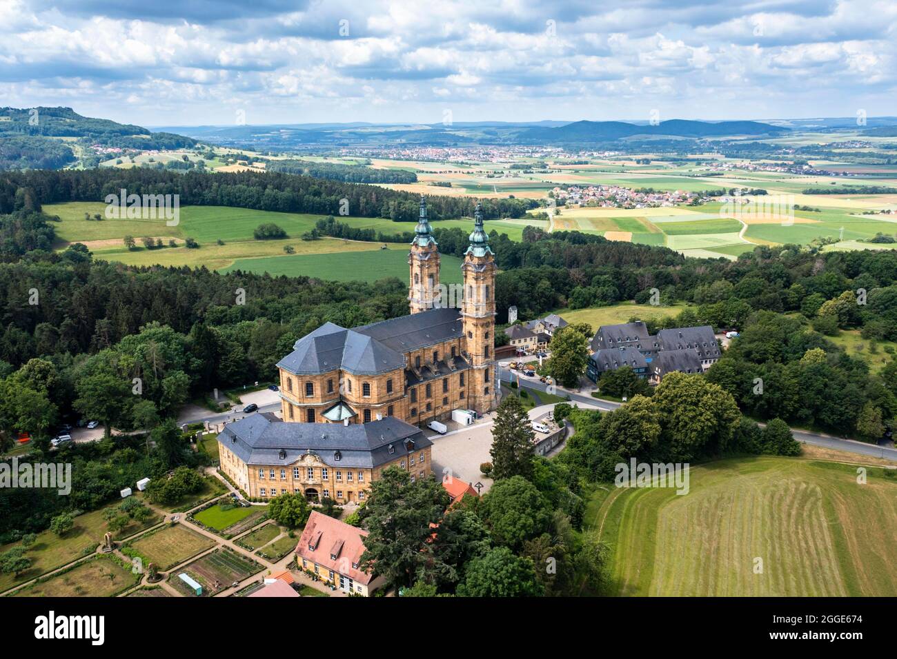 Aerial view, Vierzehnheiligen Basilica, Upper Main Valley, Upper ...