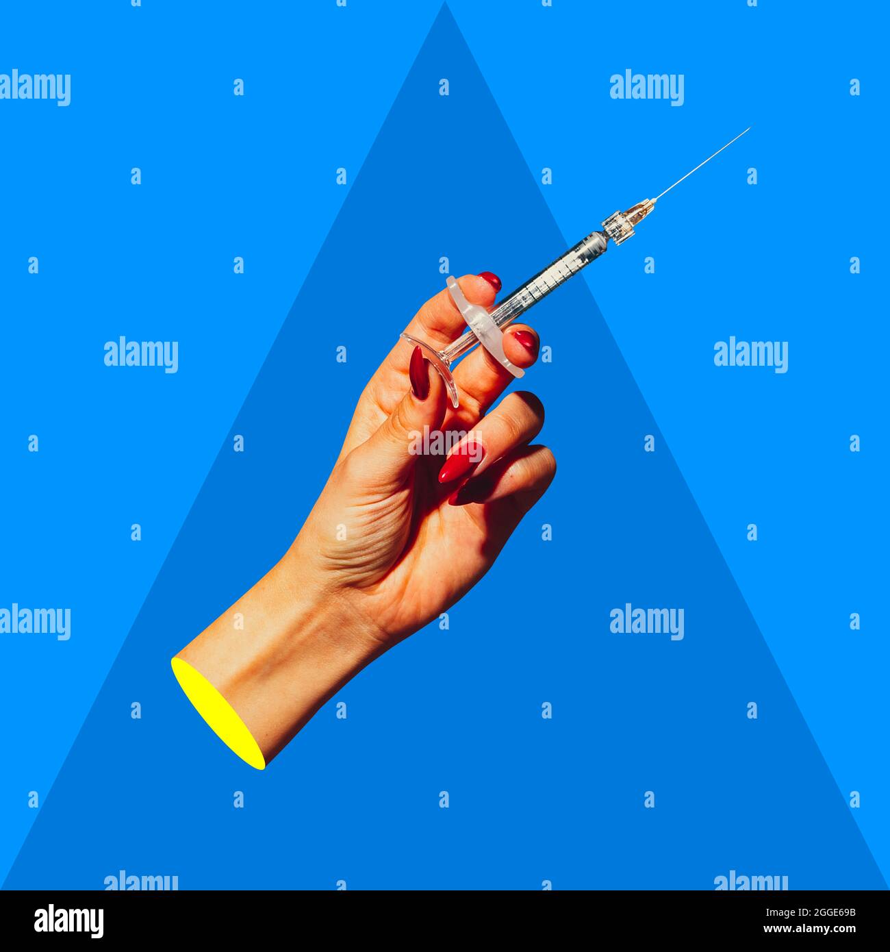 Modern art collage in pop-art style. Female hand with injection syringe ...