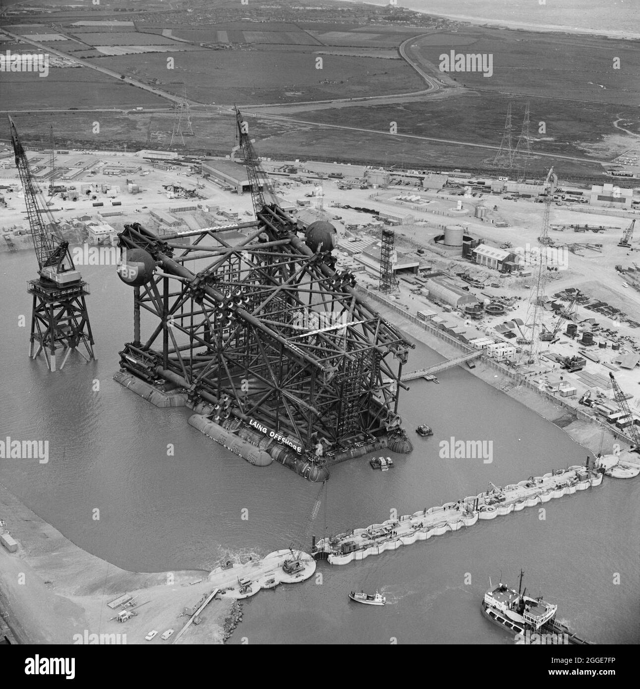 An aerial view of the oil platform Graythorp I floating in the flooded ...