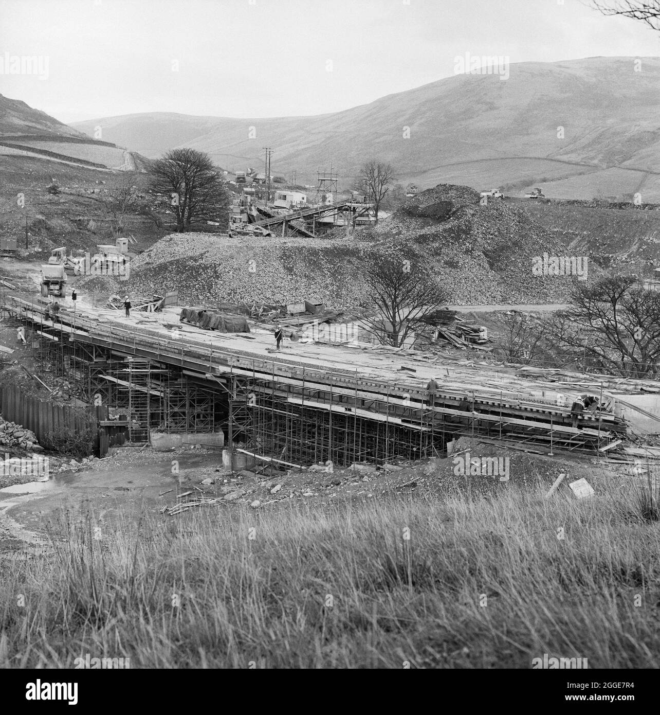 A view of the construction of the M6 Motorway through the Lune Gorge ...