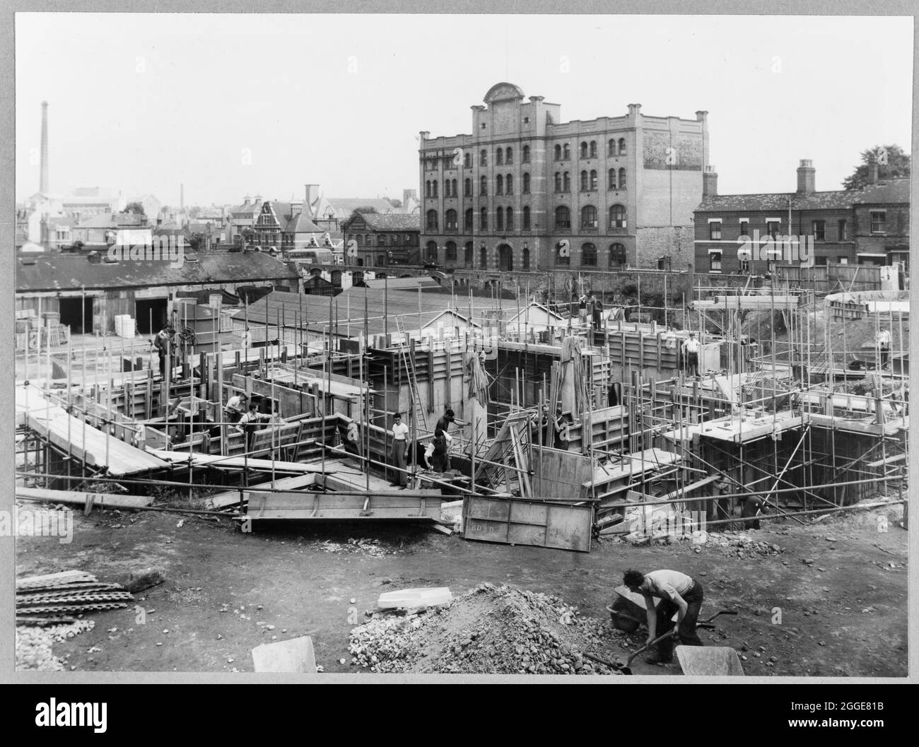A view of the construction site of Coventry Cathedral, showing a close ...