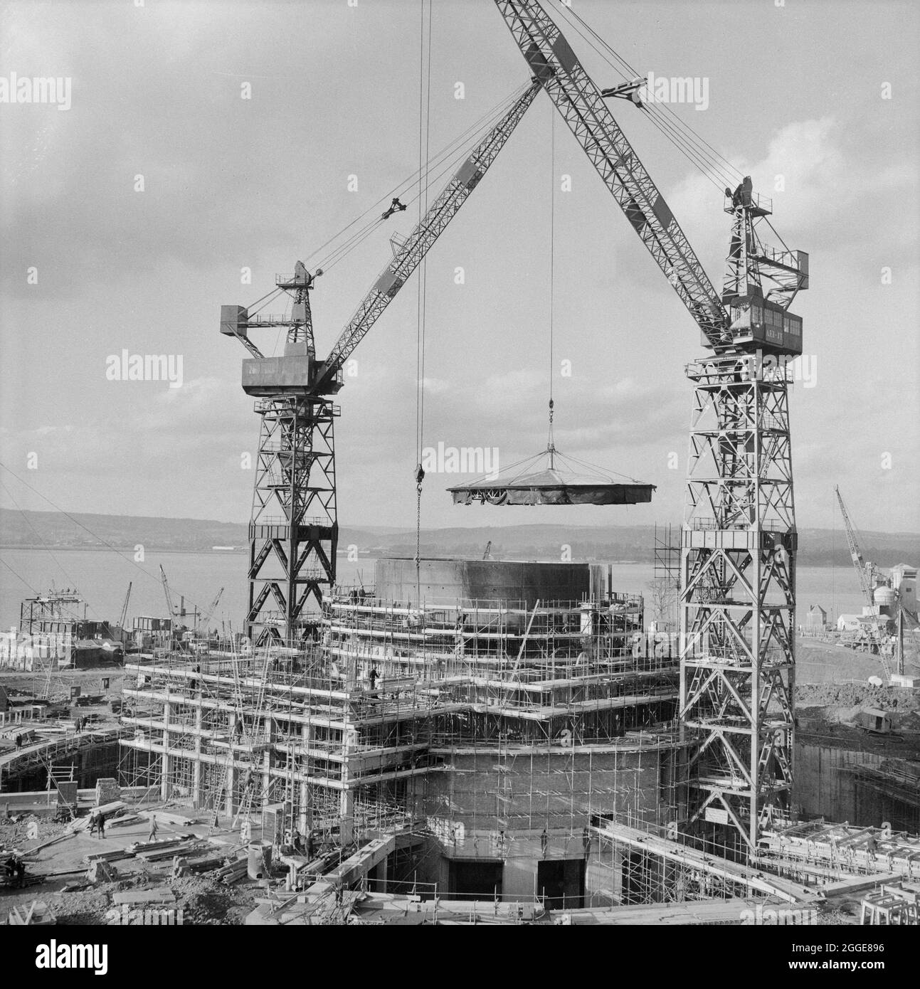 A view of cranes on either side of a reactor on the Berkeley Nuclear ...
