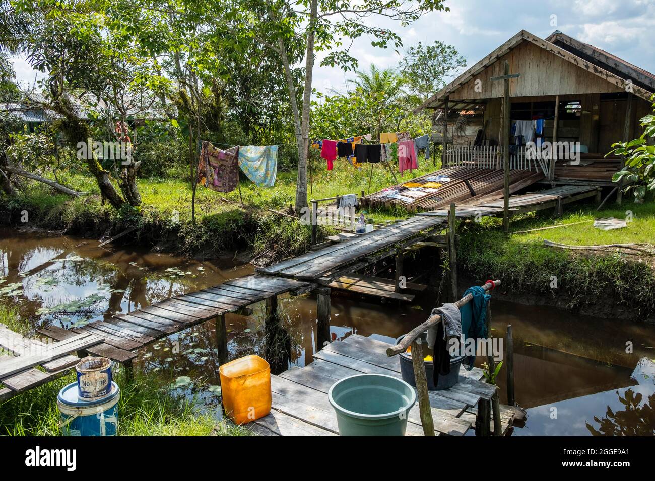 Wooden hut in a jungle village on the Sekonyer River, Tanjung Puting ...