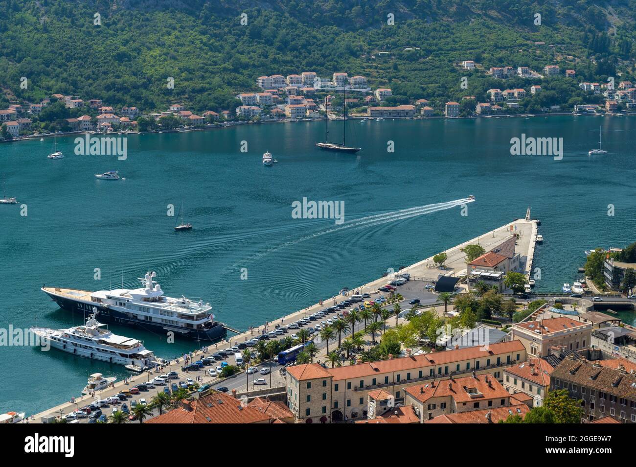 Kotor bay and harbor seen from above at summer, Montenegro Stock Photo ...