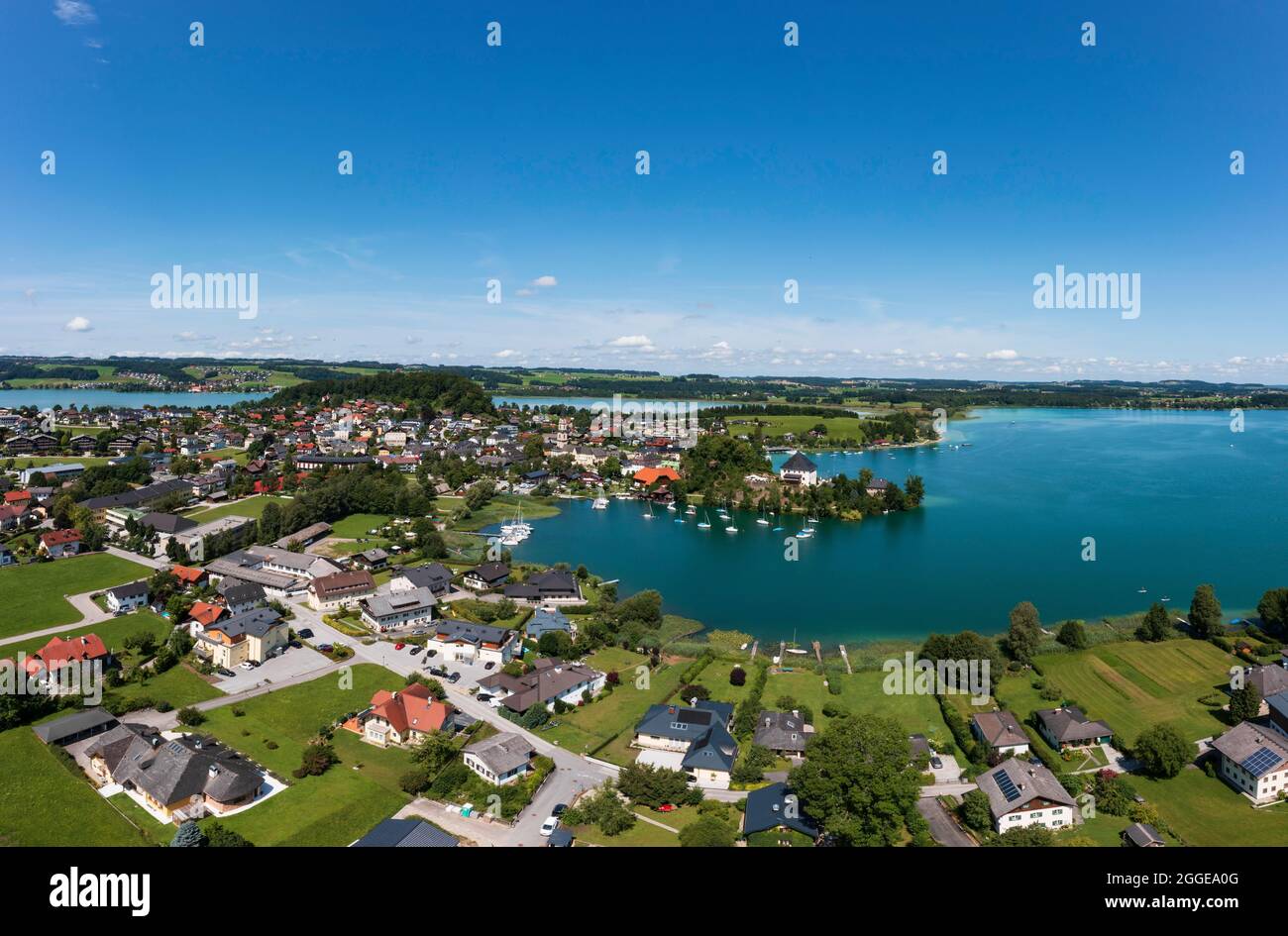 Drone shot, place and lake Mattsee, in the back the Obertrumer See ...