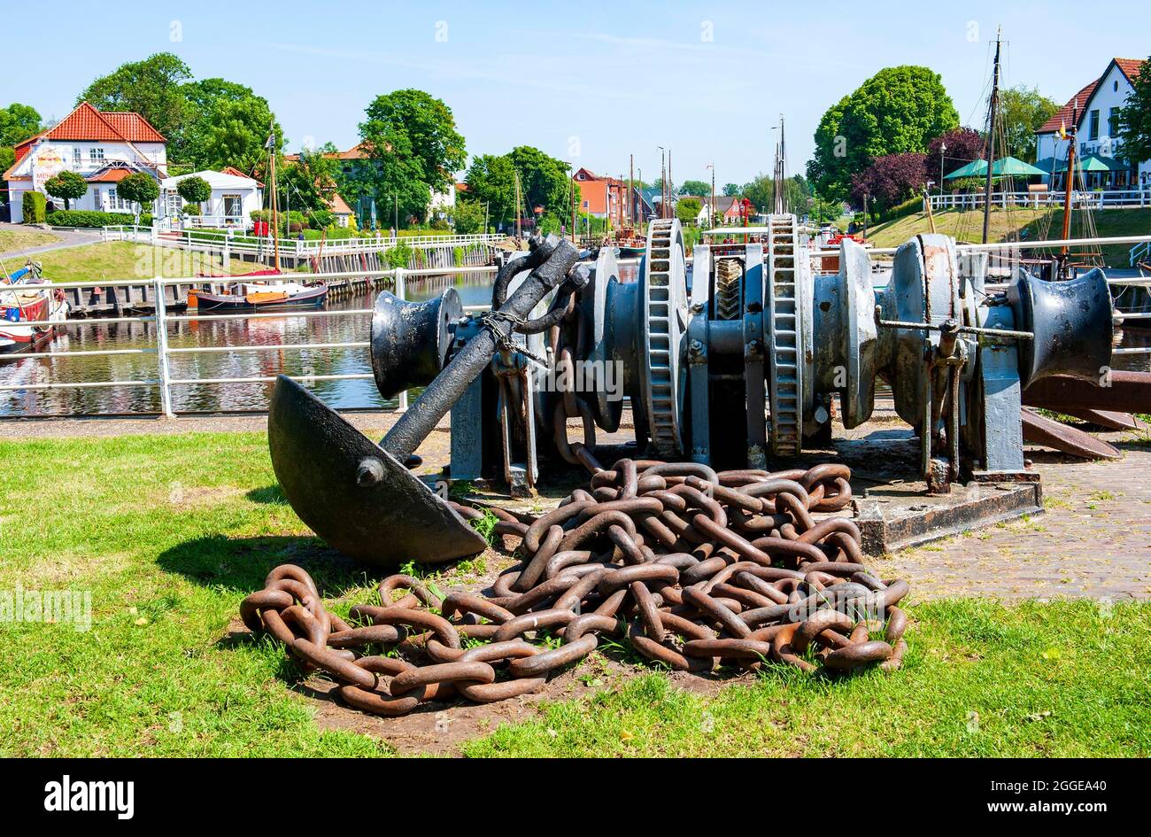 Historic ship equipment, anchor winch, in the German Sielhafenmuseum ...
