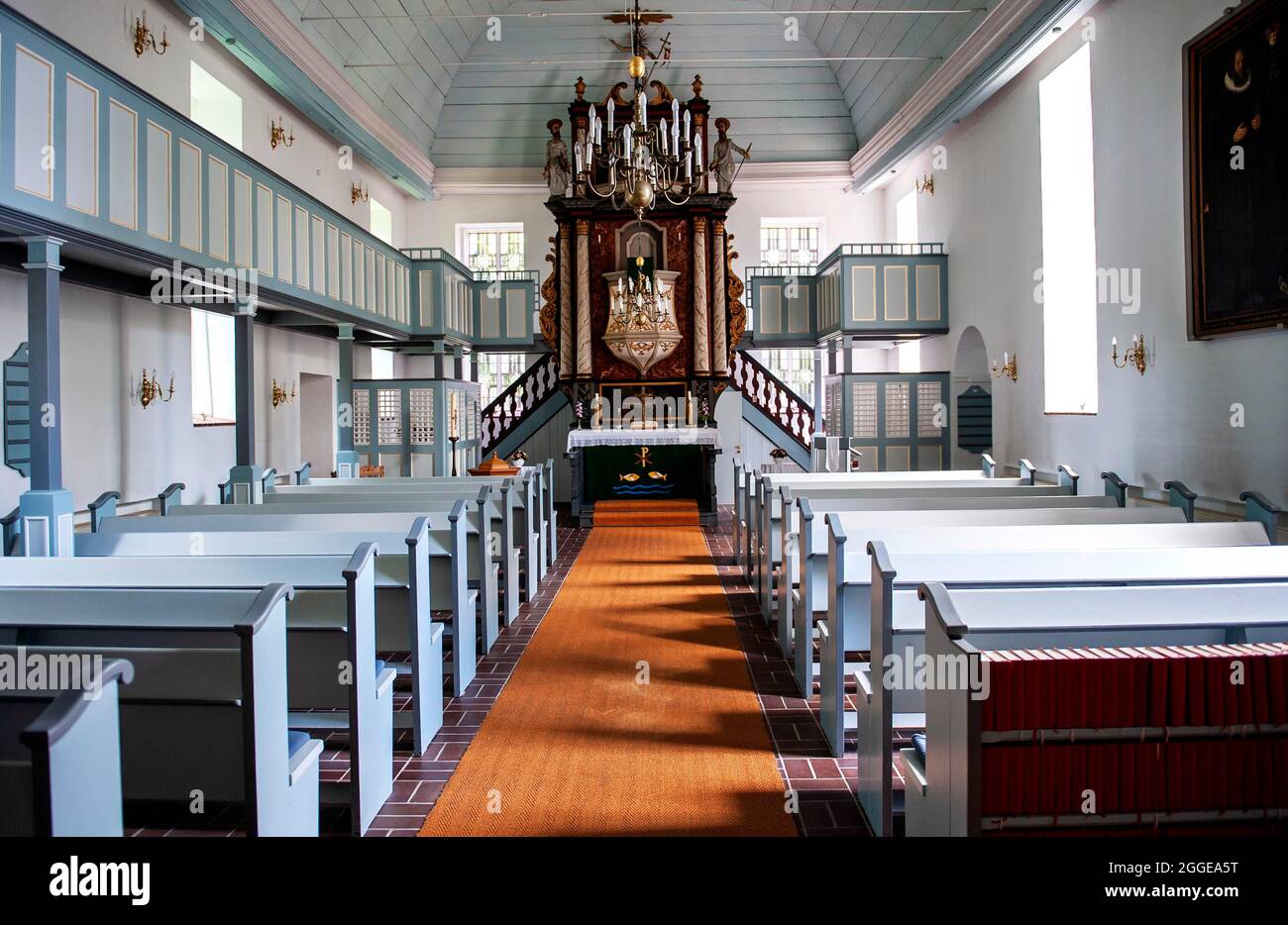 Interior with wooden barrel vault and pulpit altar of St. Nicholas ...