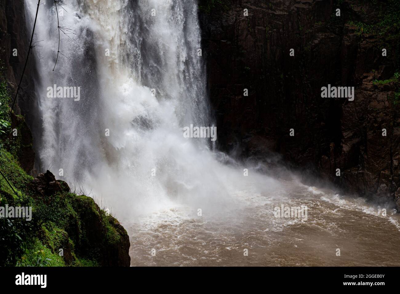 Strong flowing mud water stream into big pond of huge rock waterfall ...