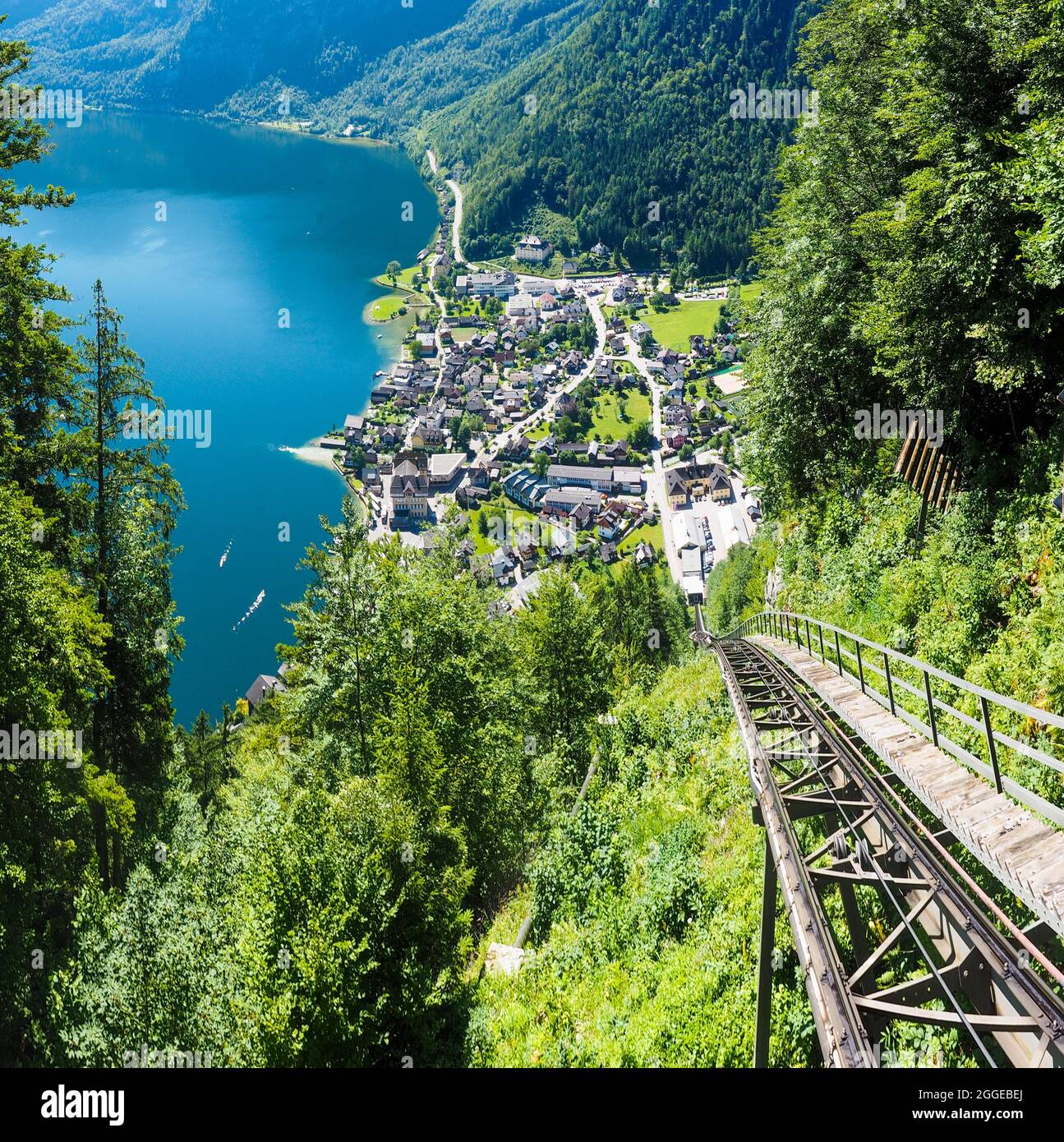View from the top station of the Salzberg cable car to the valley ...