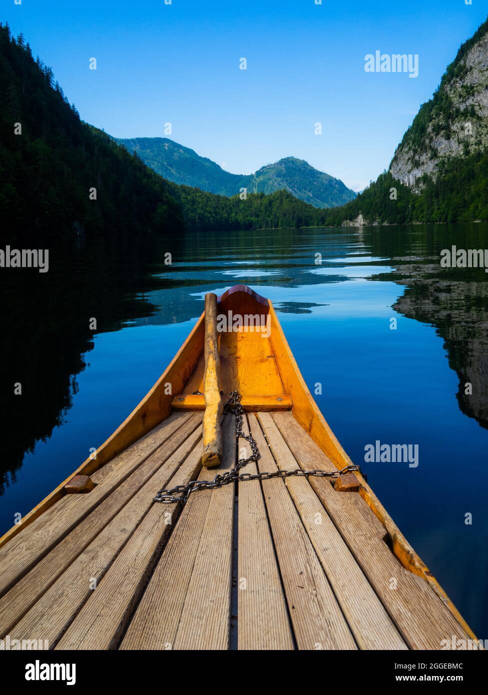 View of Lake Toplitz from a traditional barge, Salzkammergut, Styria ...