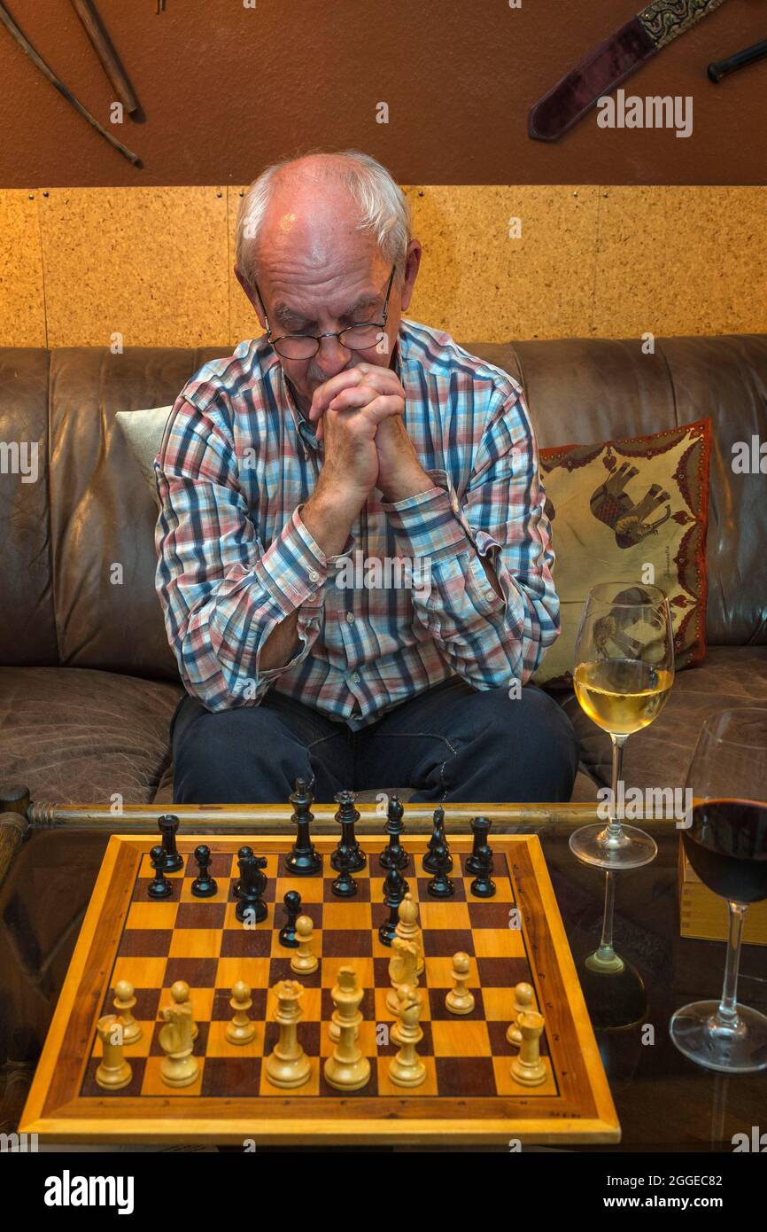 Chess player, brooding, thinking, Munich, Upper Bavaria, Bavaria ...