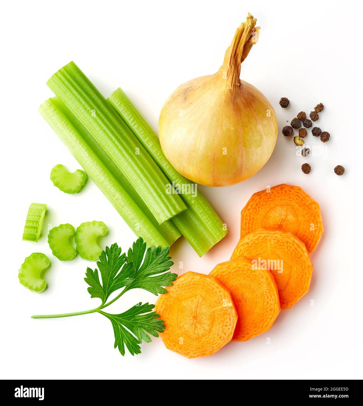Set of spices for vegetable stock - celery sticks, carrot slices ...