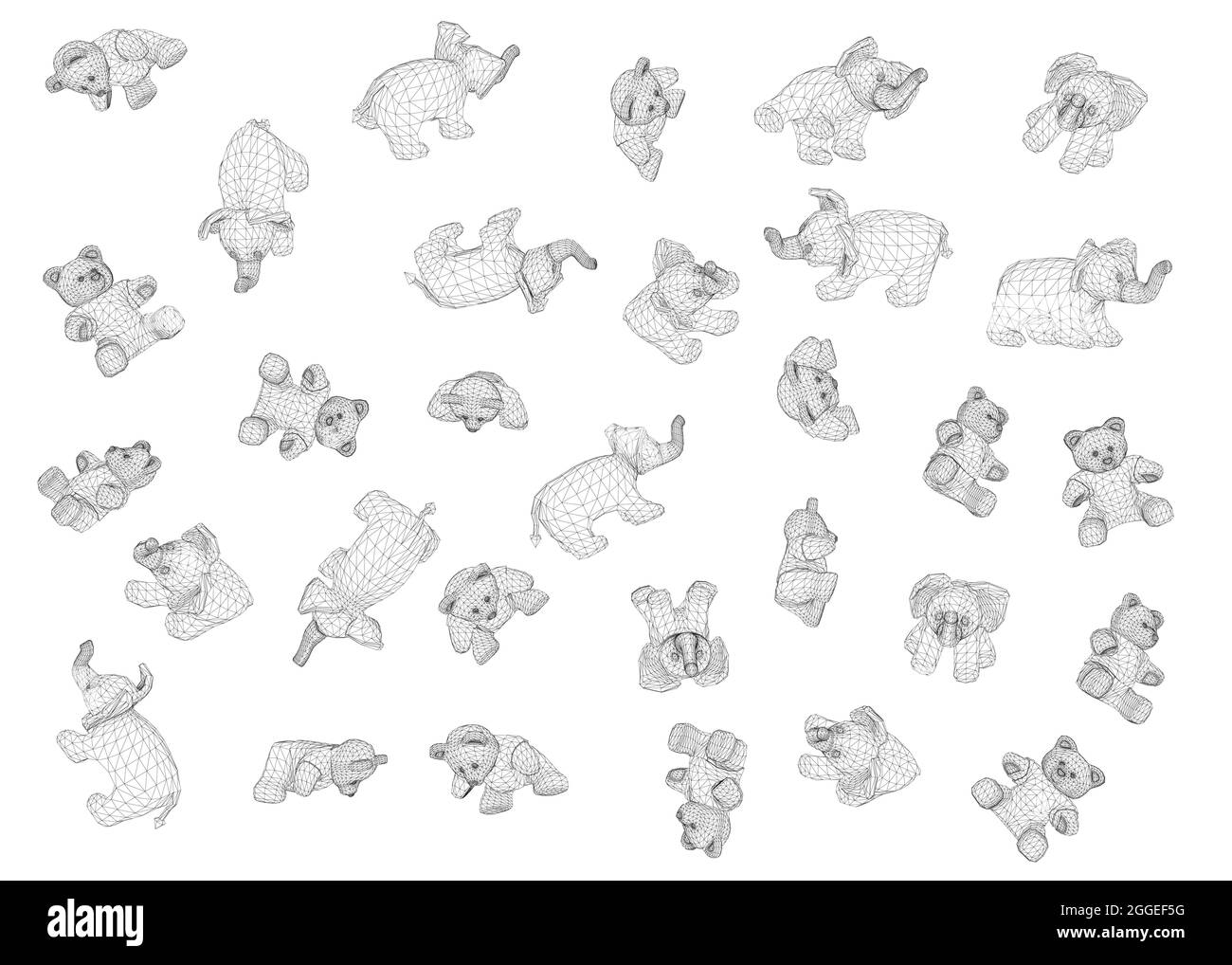 Set with wireframe toys of an elephant and a teddy bear in different ...