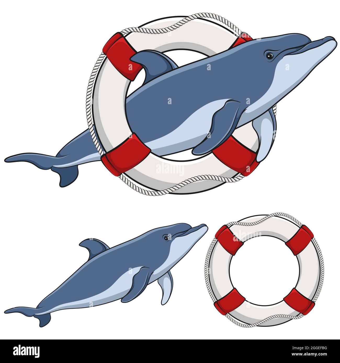 Set of color illustrations with a dolphin and a life buoy. Isolated ...