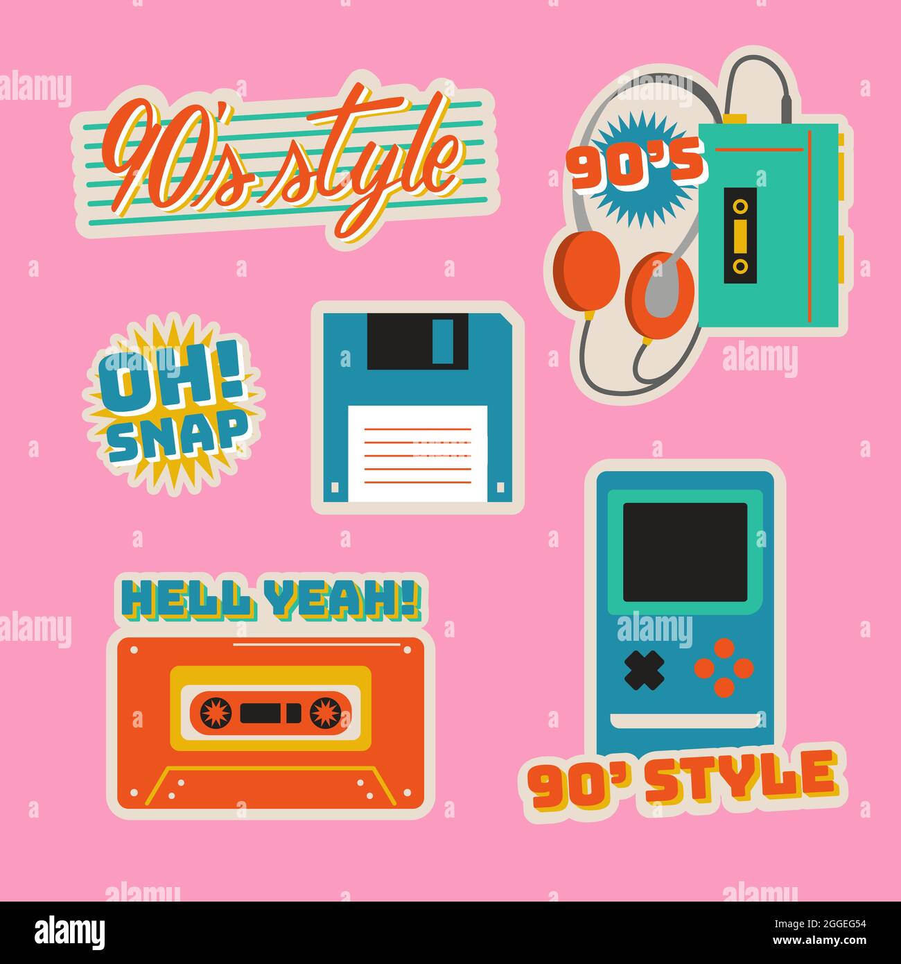Hand drawn flat nostalgic 90s badges set Vector illustration Stock ...