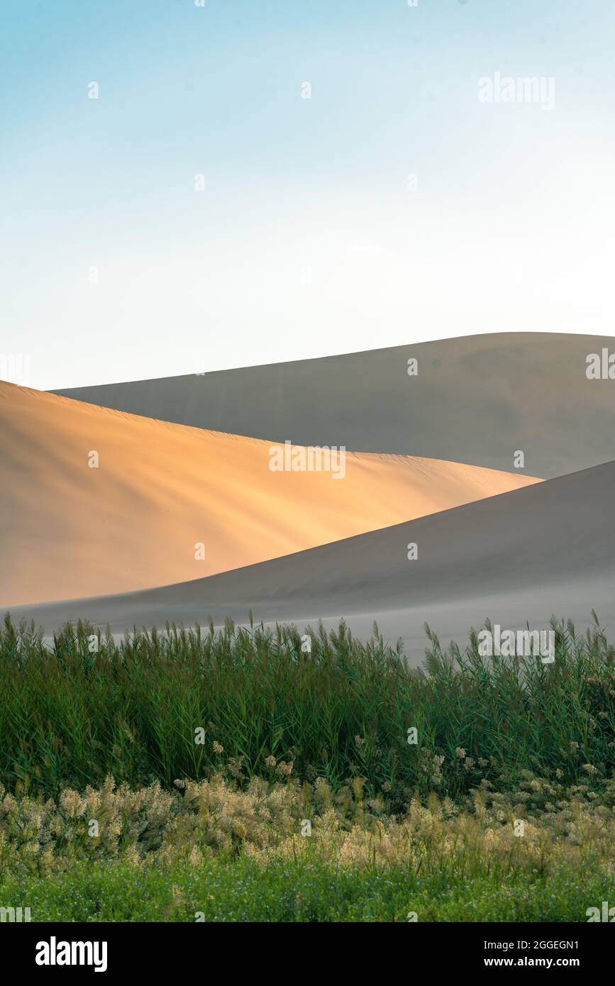 Sunset view of the landscape of desert in Dunhuang, China Stock Photo ...