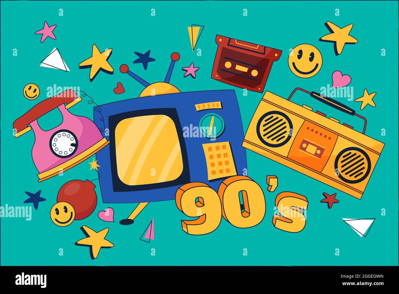 Hand drawn flat nostalgic 90s background Vector illustration Stock ...