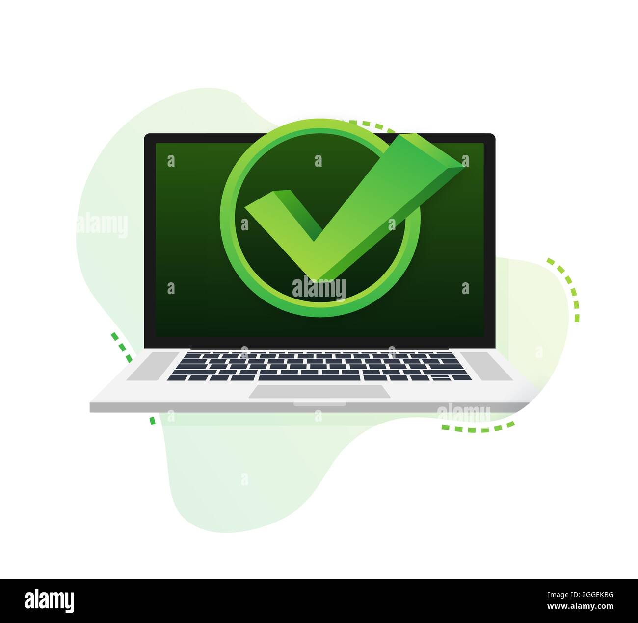 Laptop with checkmark or tick notification in bubble pattern. Approved ...
