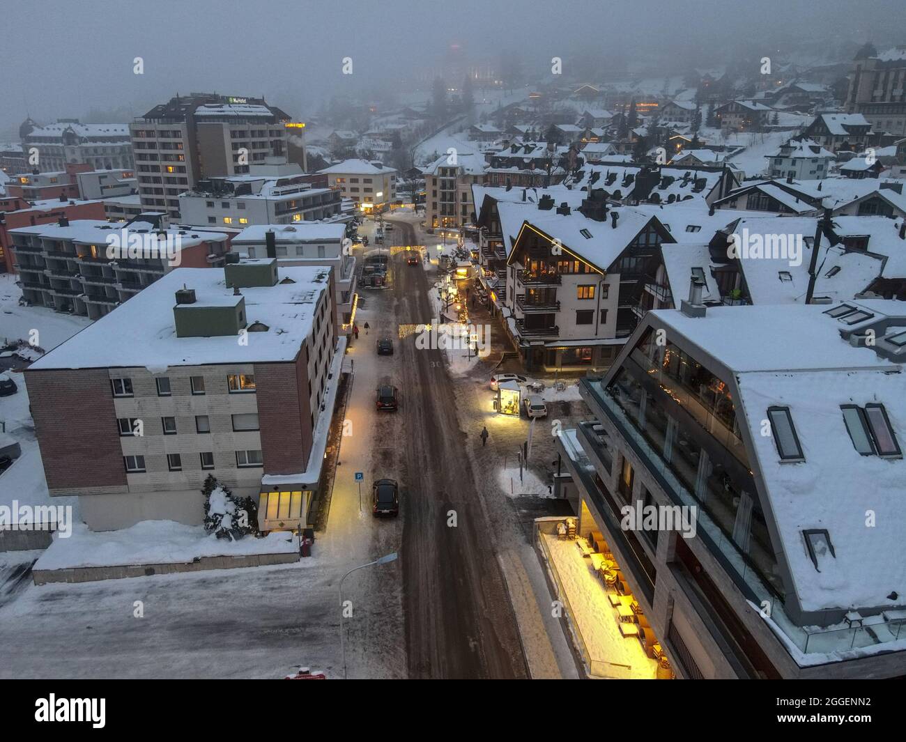 Drone night view at the village of Engelberg on the Swiss alps Stock ...
