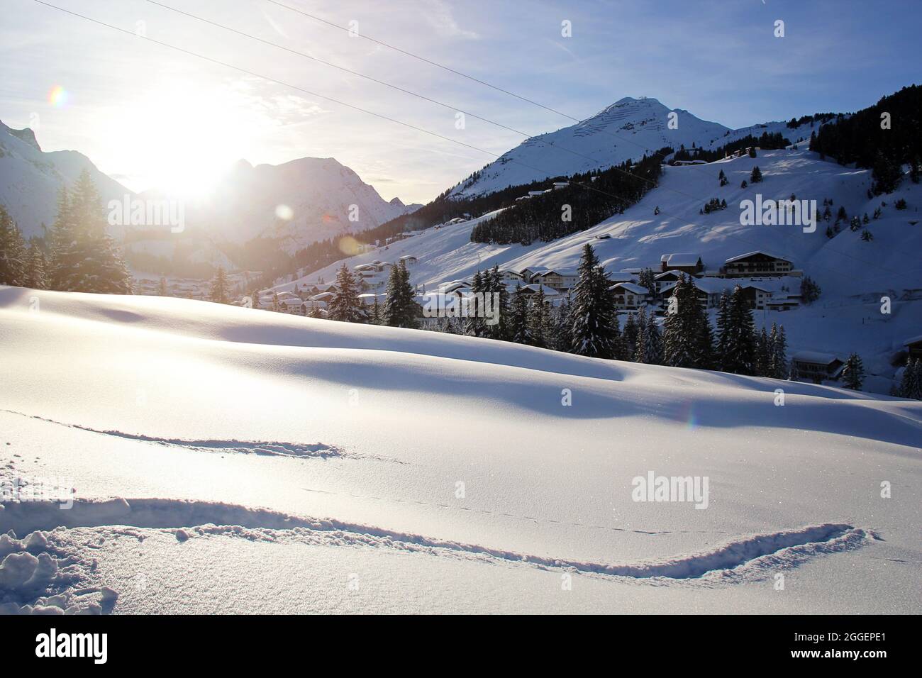 Winter Alps Landscape Mountain Panorama with Sunshine at Lech am ...