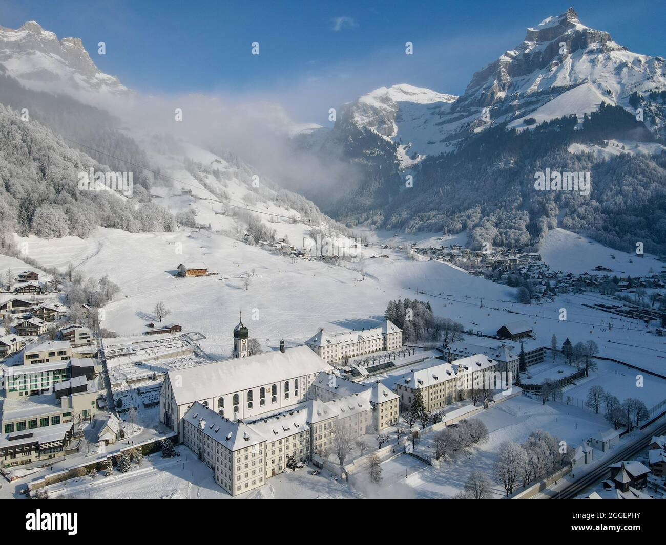 Winter landscape view at the monastery of Engelberg on the Swiss alps ...