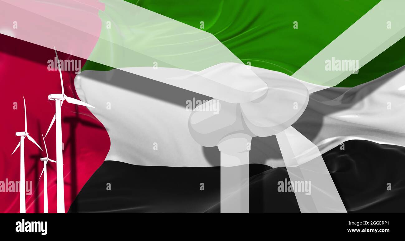 Wind turbines on background of United Arab Emirates flag. sustainable ...