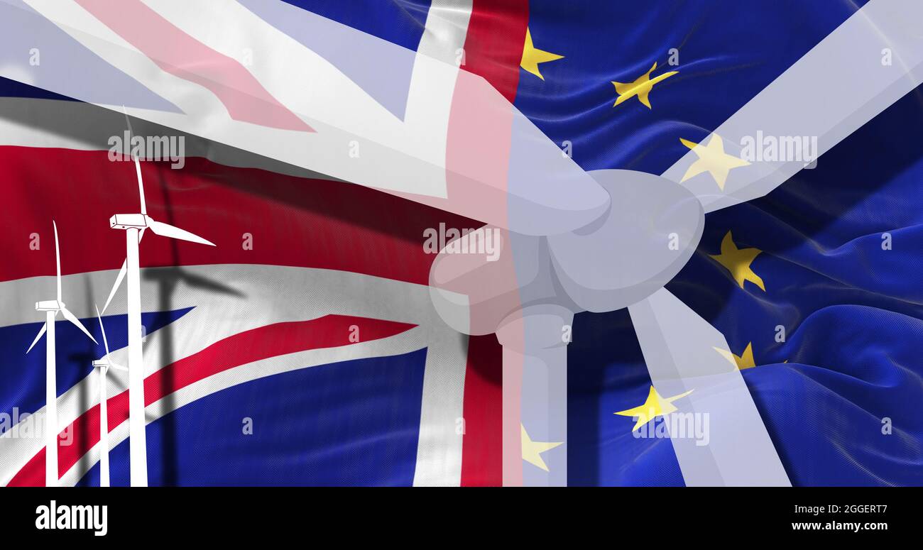 Wind turbines on background of Union Jack And flag Of The European ...
