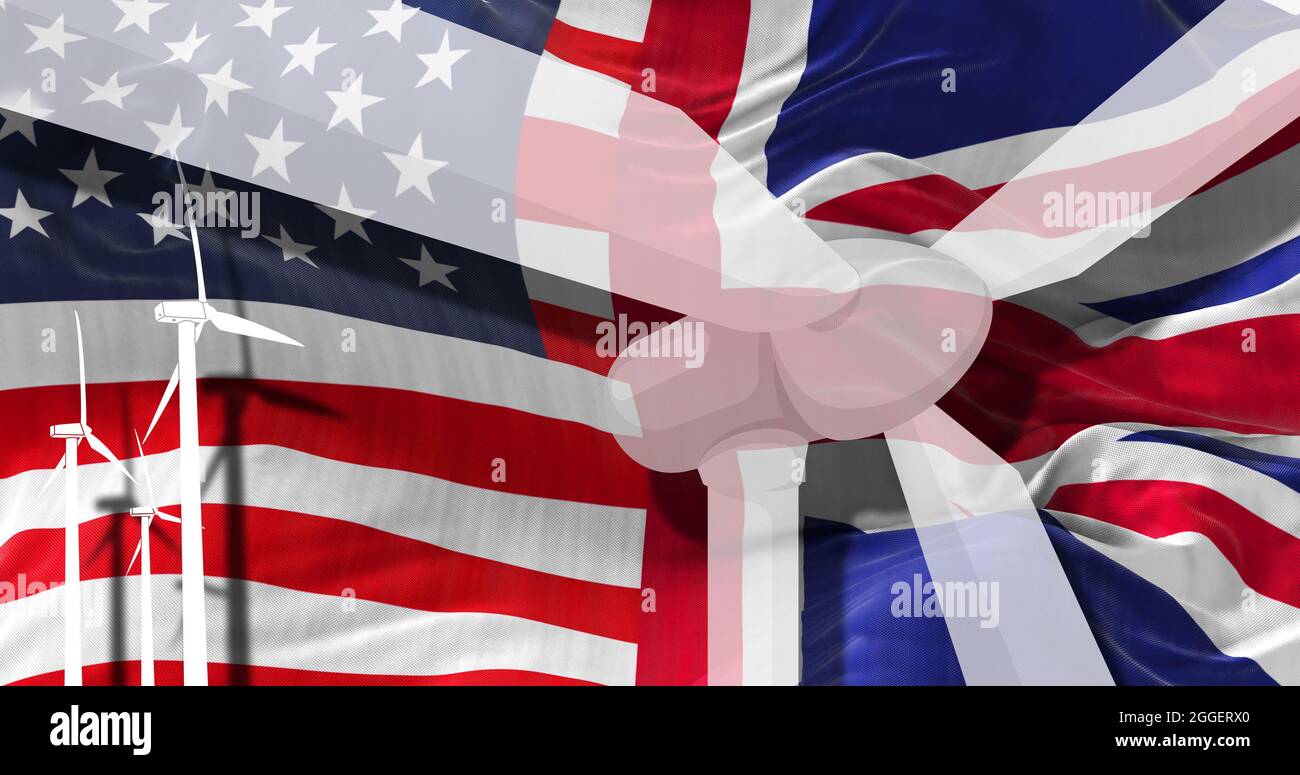 Wind turbines on background of USA and flag of great britain flag ...